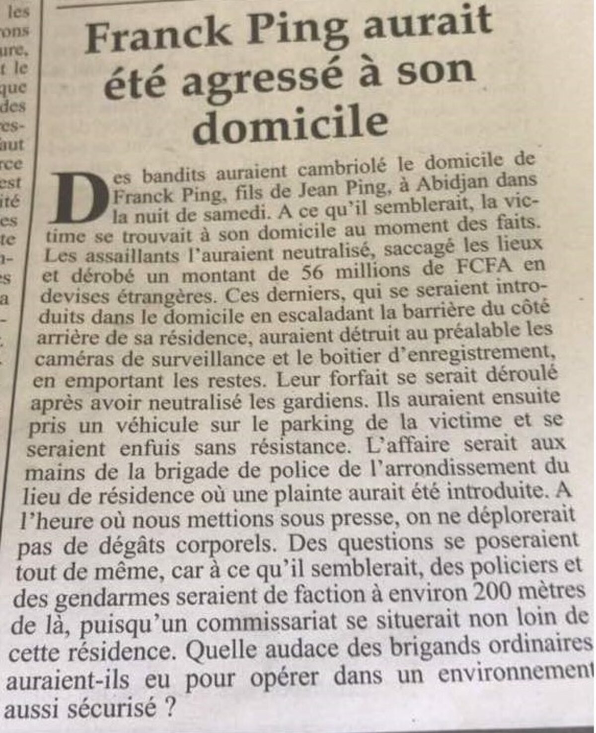 Franck Ping braqué à son domicile, 56 Millions volés | Le Club