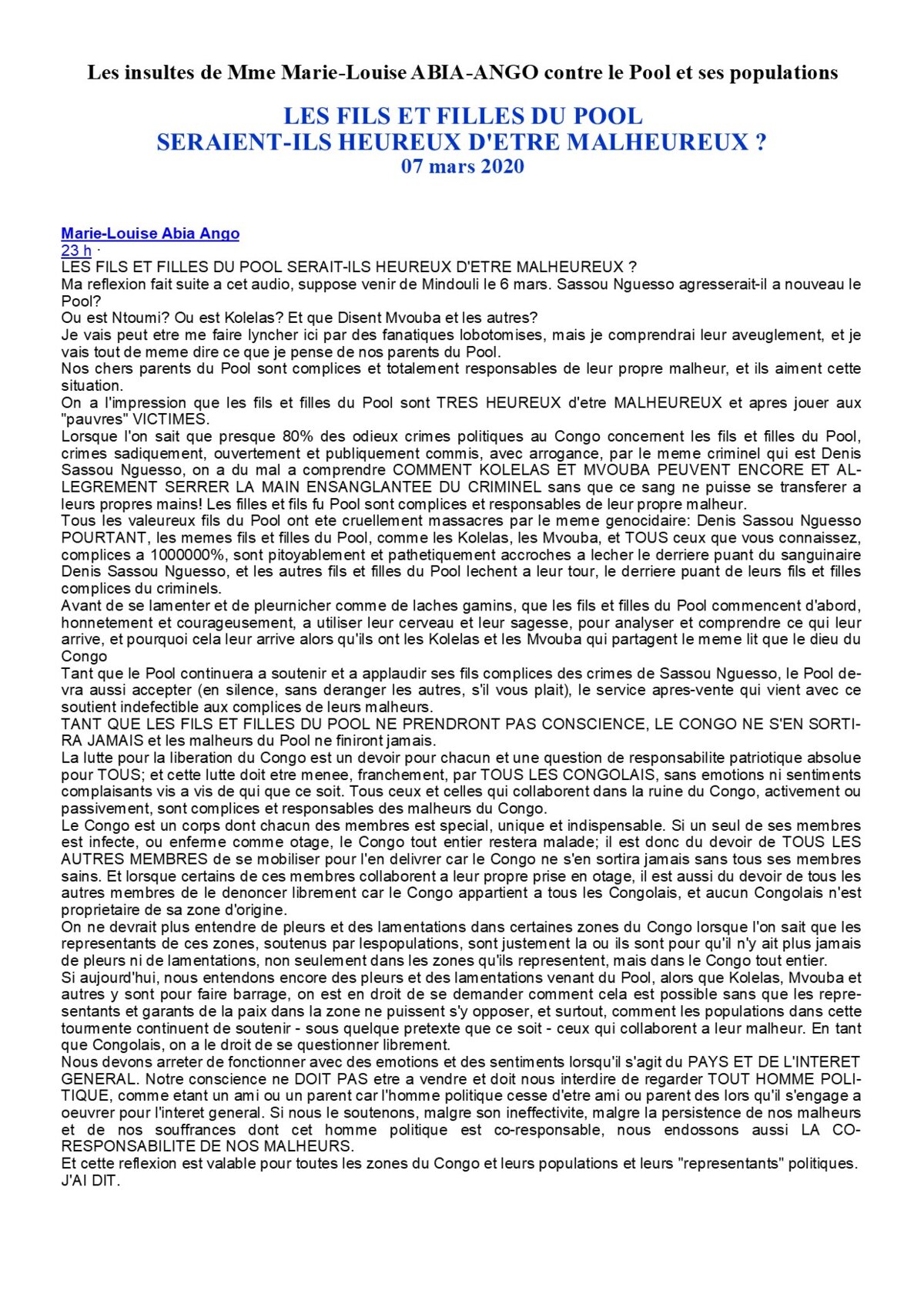 Tirs croisés contre le Pool : Réponse à Mme Marie-Louise Abia Ango | Le ...
